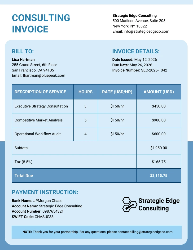 Simple Consultation Invoices for Client Billing Template - Venngage