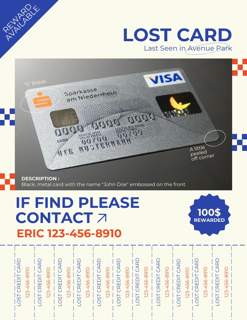 Blue and Orange Lost Credit Card Poster - Venngage