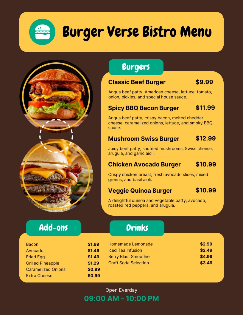 Brown And Yellow Modern Playful Burger Menu - Venngage