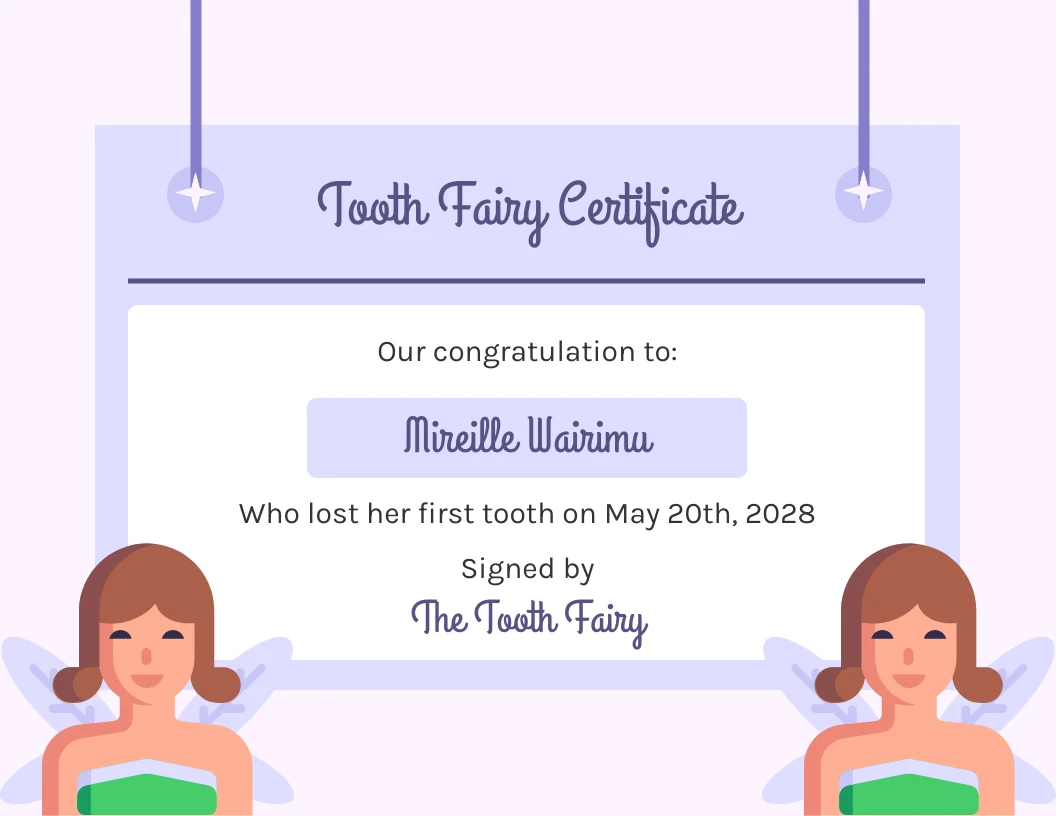 Light Purple Illustration Tooth Fairy Certificate Template - Venngage