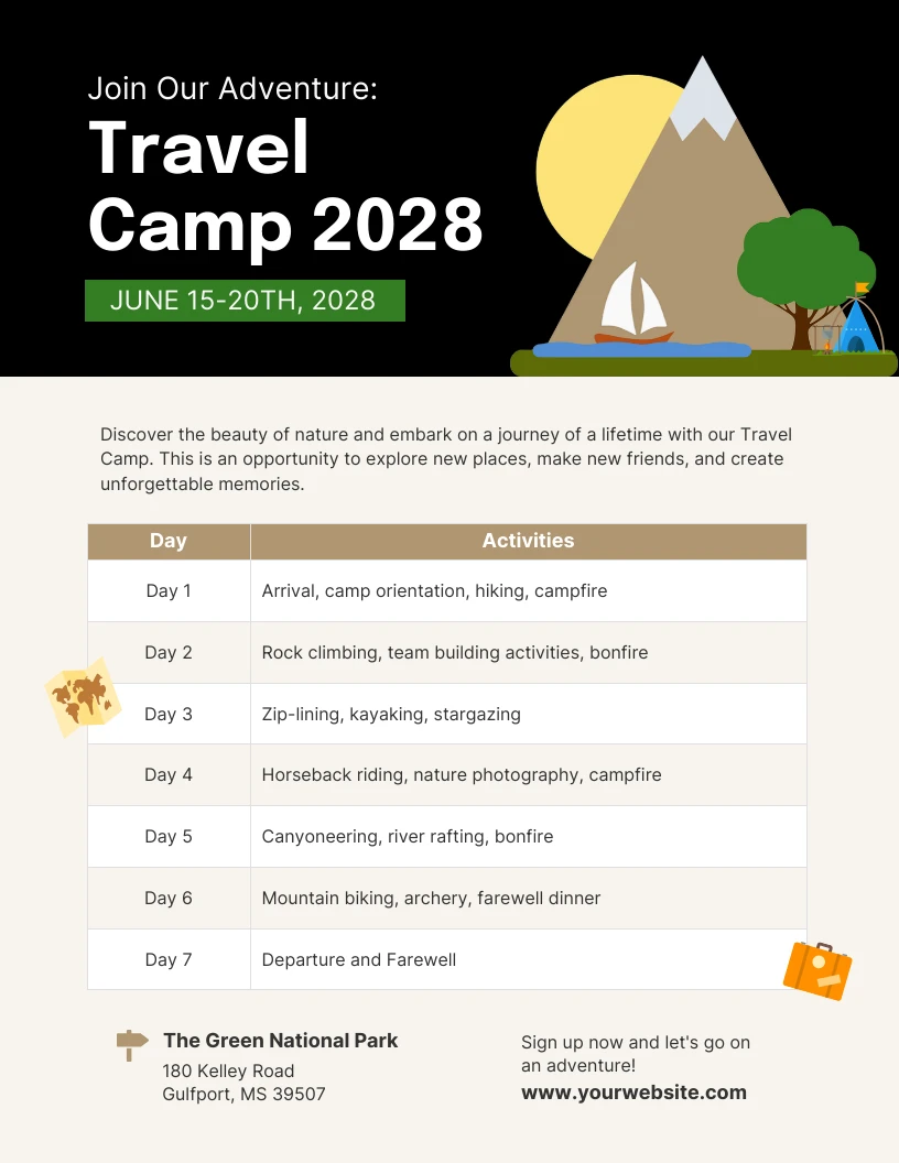 Black and Soft Brown Travel Camp Schedule Template - Venngage