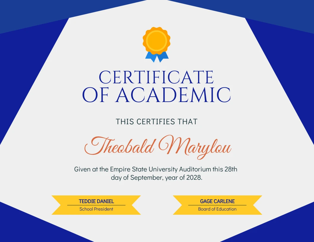 Blue Yellow Certificate of Academic Template - Venngage