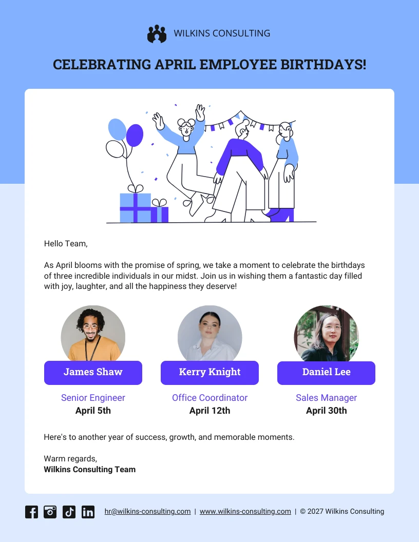 Employee April Month Birthday Email Newsletter Template - Venngage