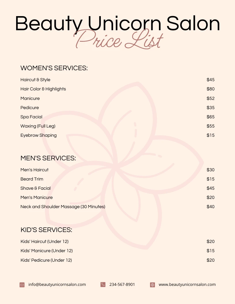 Elegance Peach Beauty Salon Price List Template - Venngage