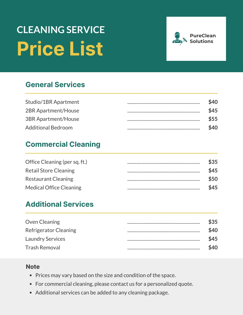 Green Cleaning Service Price List Template - Venngage