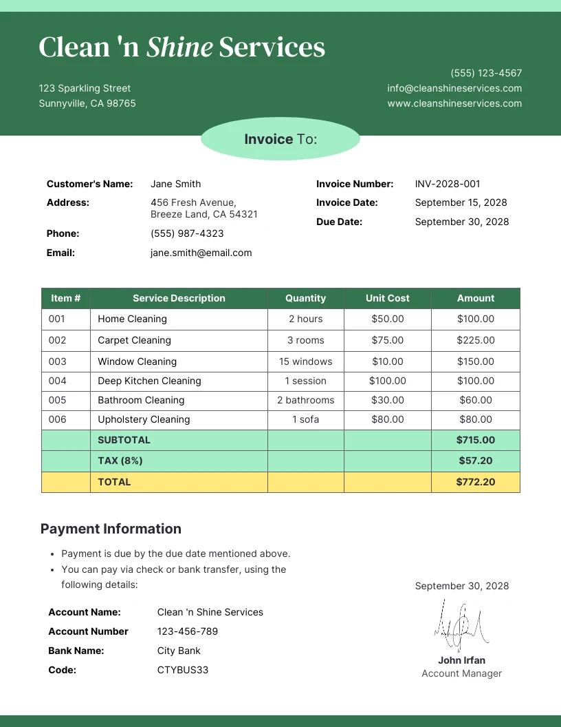 Clean Nature Green Cleaning Services Invoice Template - Venngage
