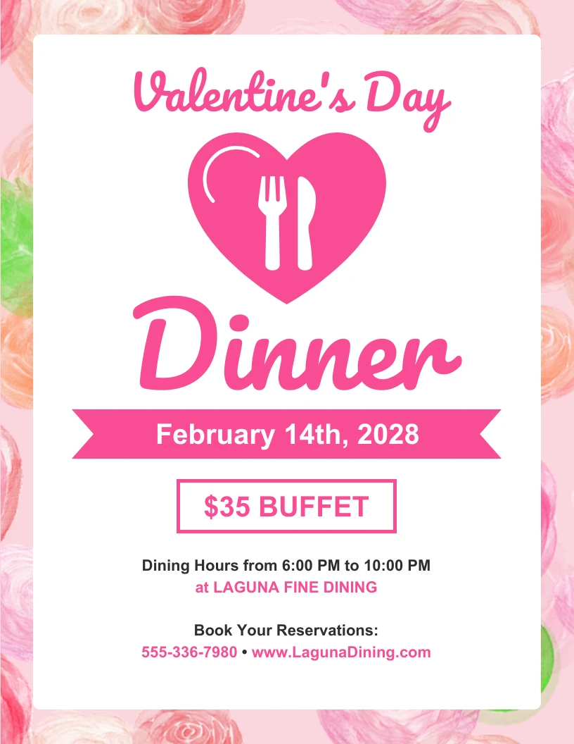 Floral Romantic Valentine's Day Dinner Flyer Template - Venngage