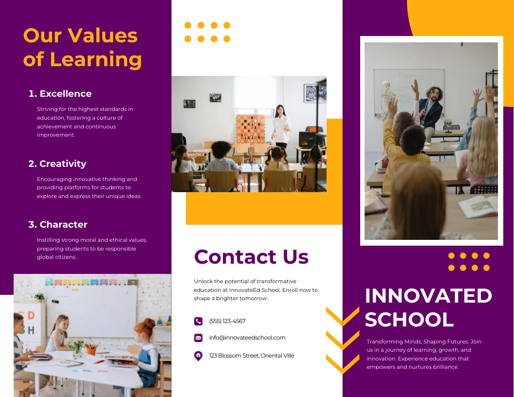 Purple White Yellow School Tri-fold Brochure Template - Venngage
