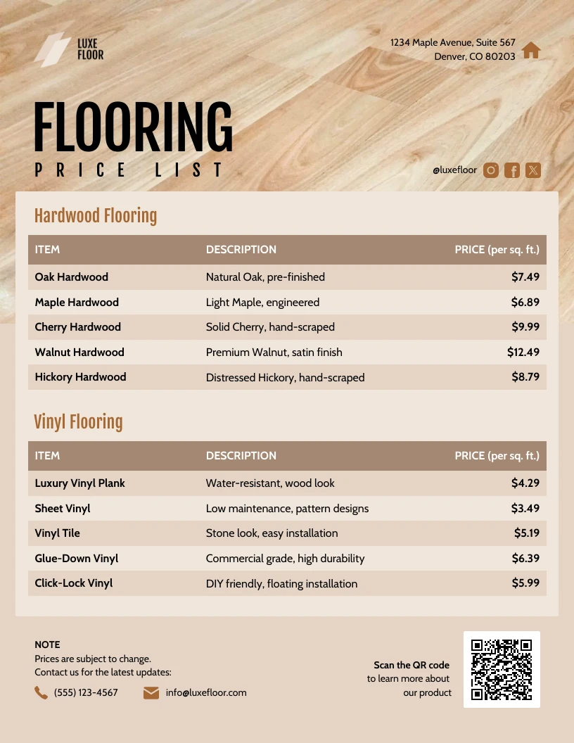 Flooring Price List Template - Venngage