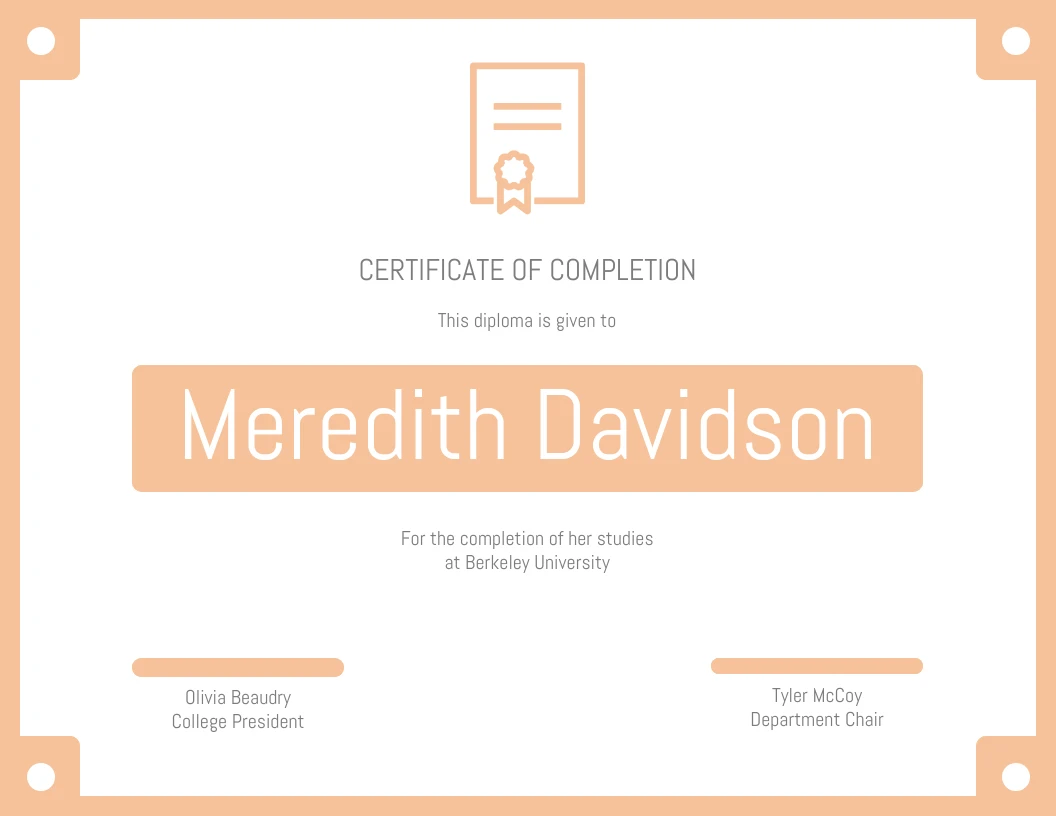 Peach Diploma Course Certificate of Completion Template - Venngage