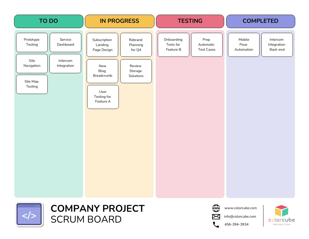 Light Pastel Company Project Scrum Board Template - Venngage