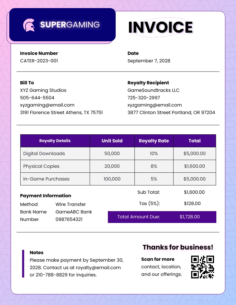 Royalty Gaming Invoice Template - Venngage