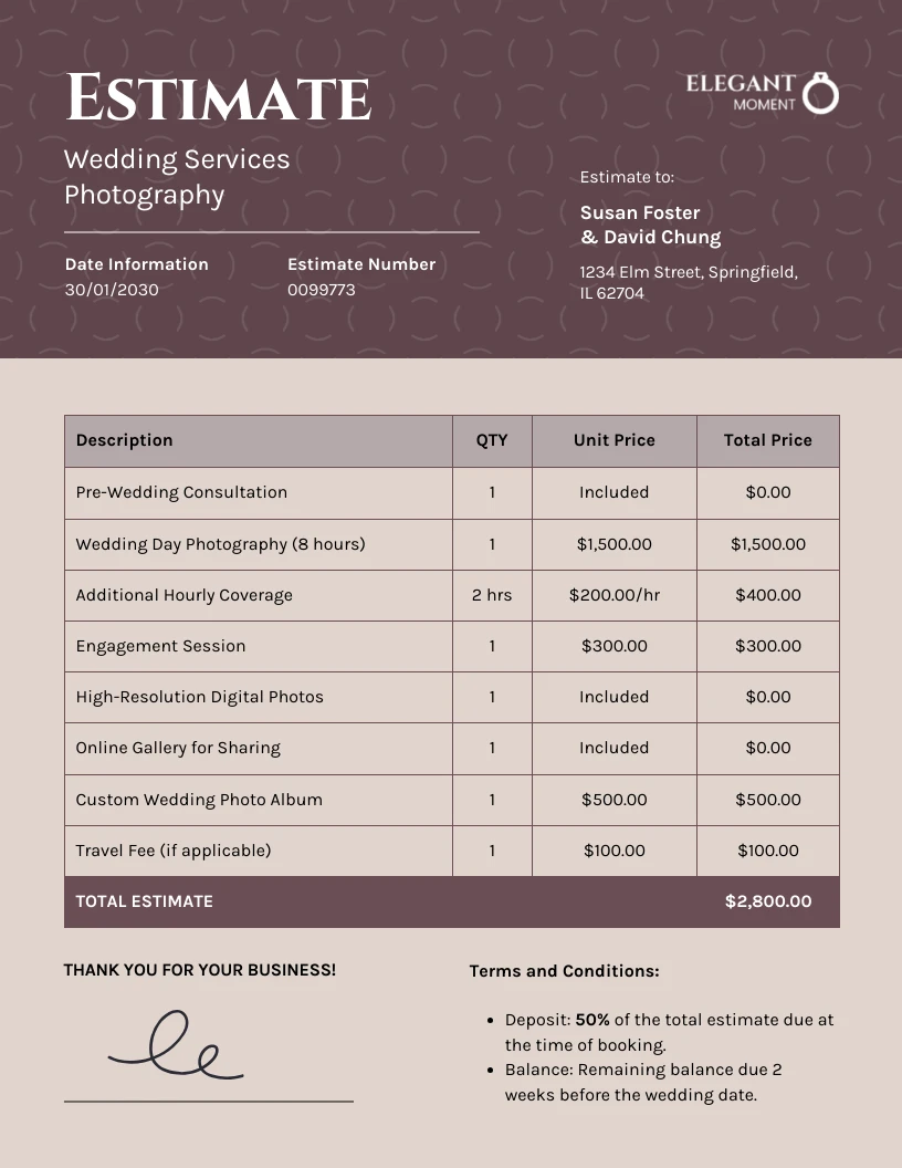 Wedding Services Photography Estimate Template - Venngage