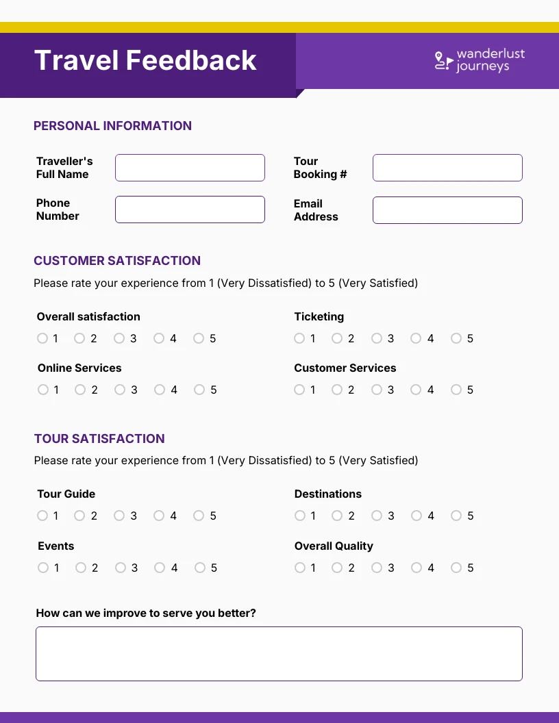Moduli di feedback di viaggio semplici viola e gialli - Venngage