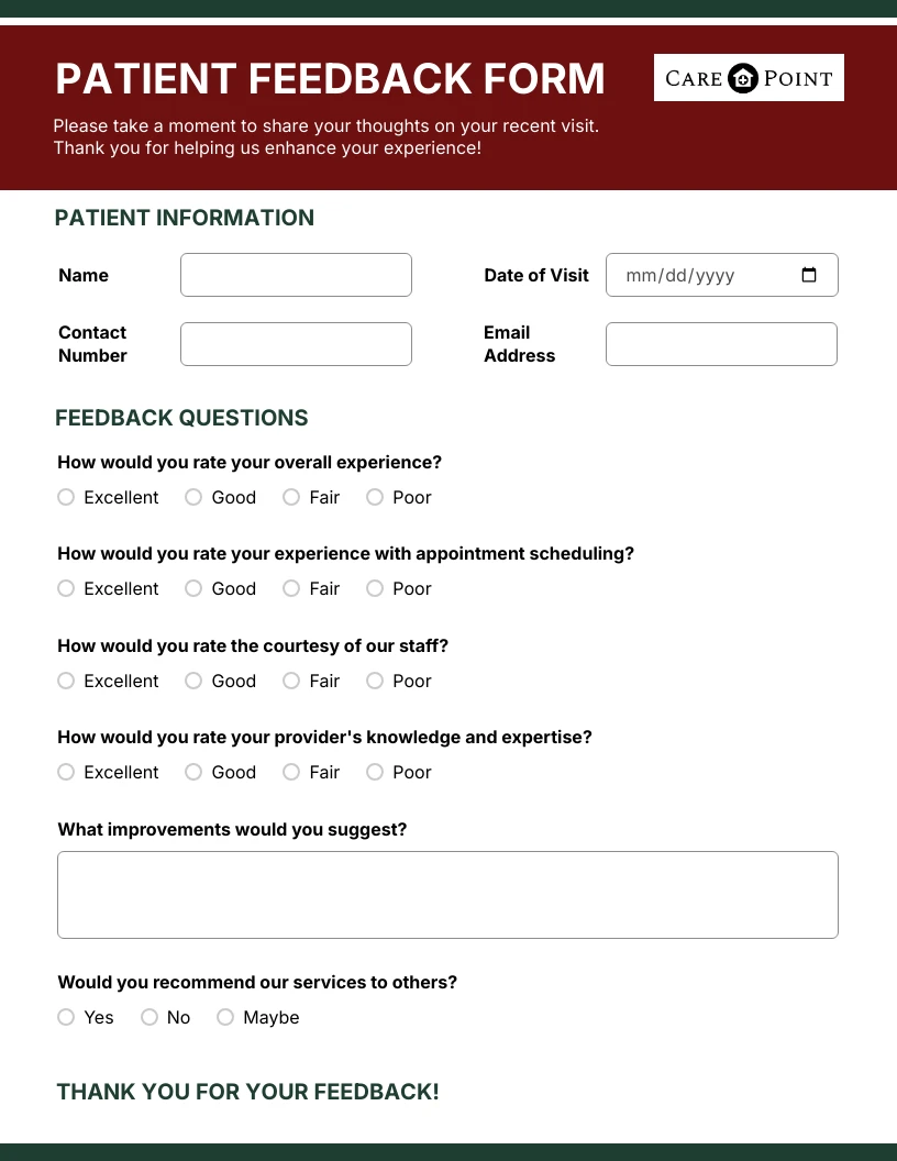 Simple Clean Burgundy and Green Feedback Forms - Venngage