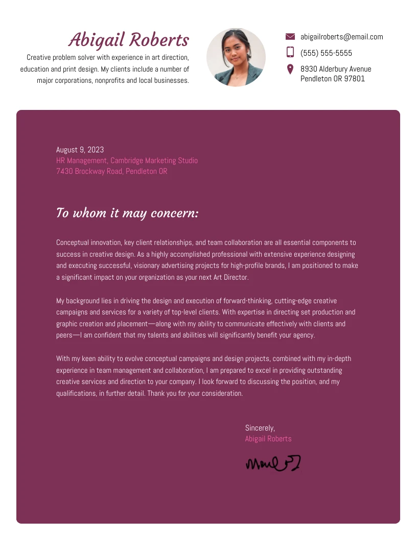 Creative Plum Advertising Cover Letter Template - Venngage