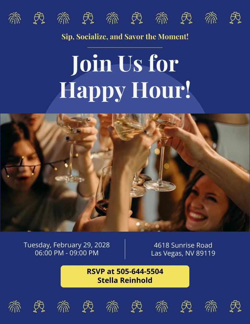 Simple Blue And Yellow Happy Hour Invitation - Venngage