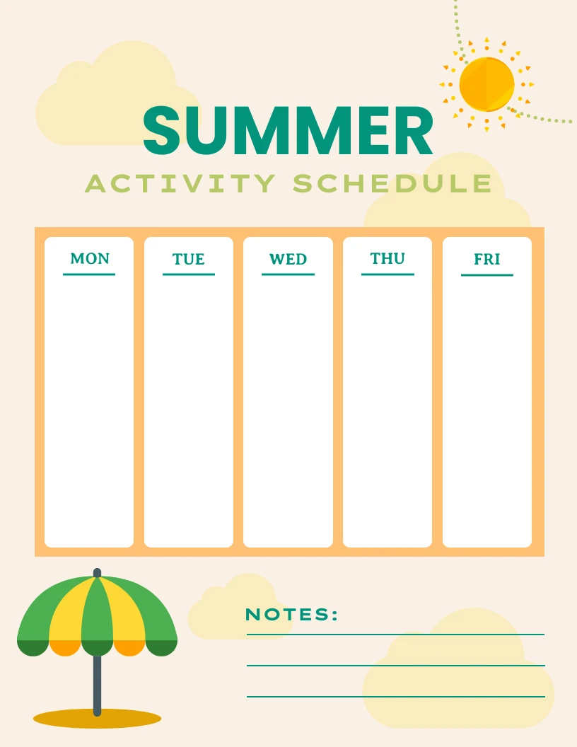 Light Cream Modern Illustration Summer Activity Schedule Template ...