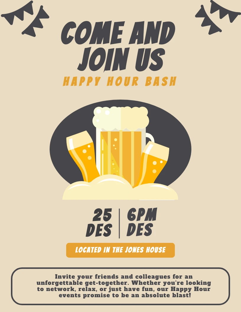 Invitación Happy Hour naranja y negro - Venngage