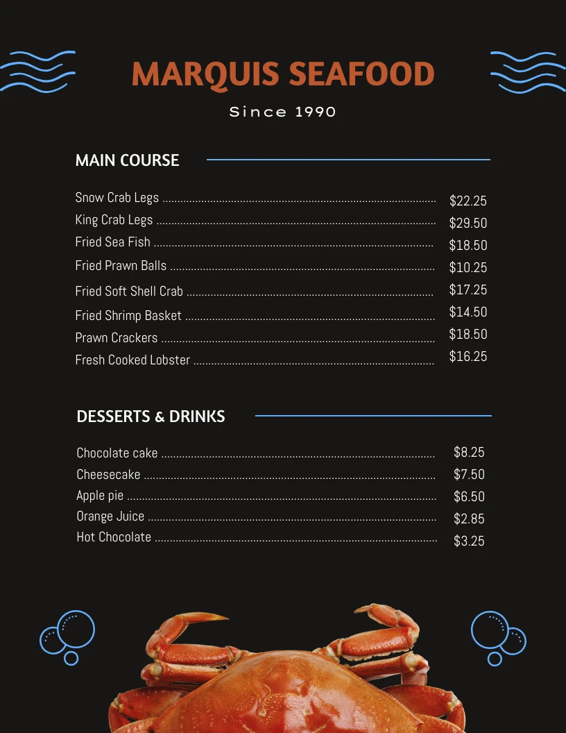 Black Simple Seafood Menu - Venngage