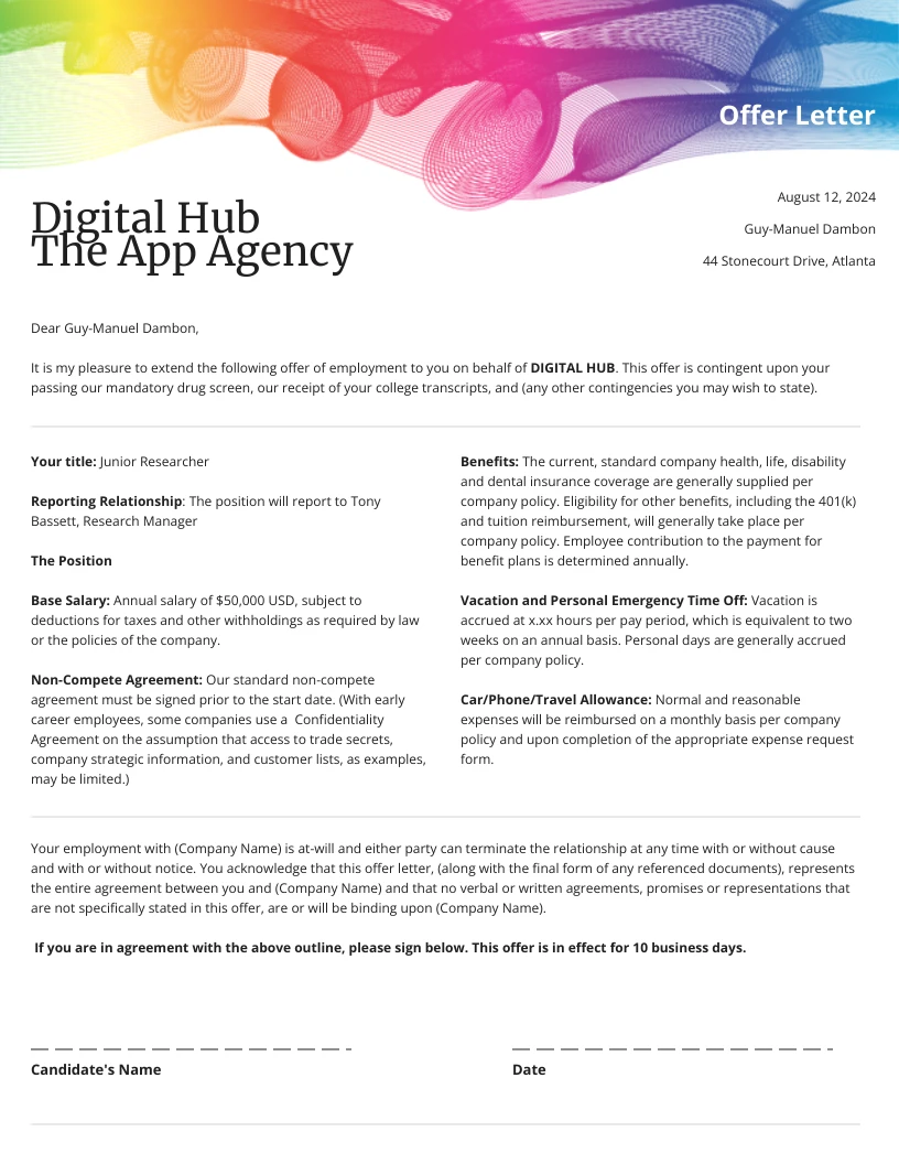Colorful Creative Entry Job Offer Letter Template - Venngage