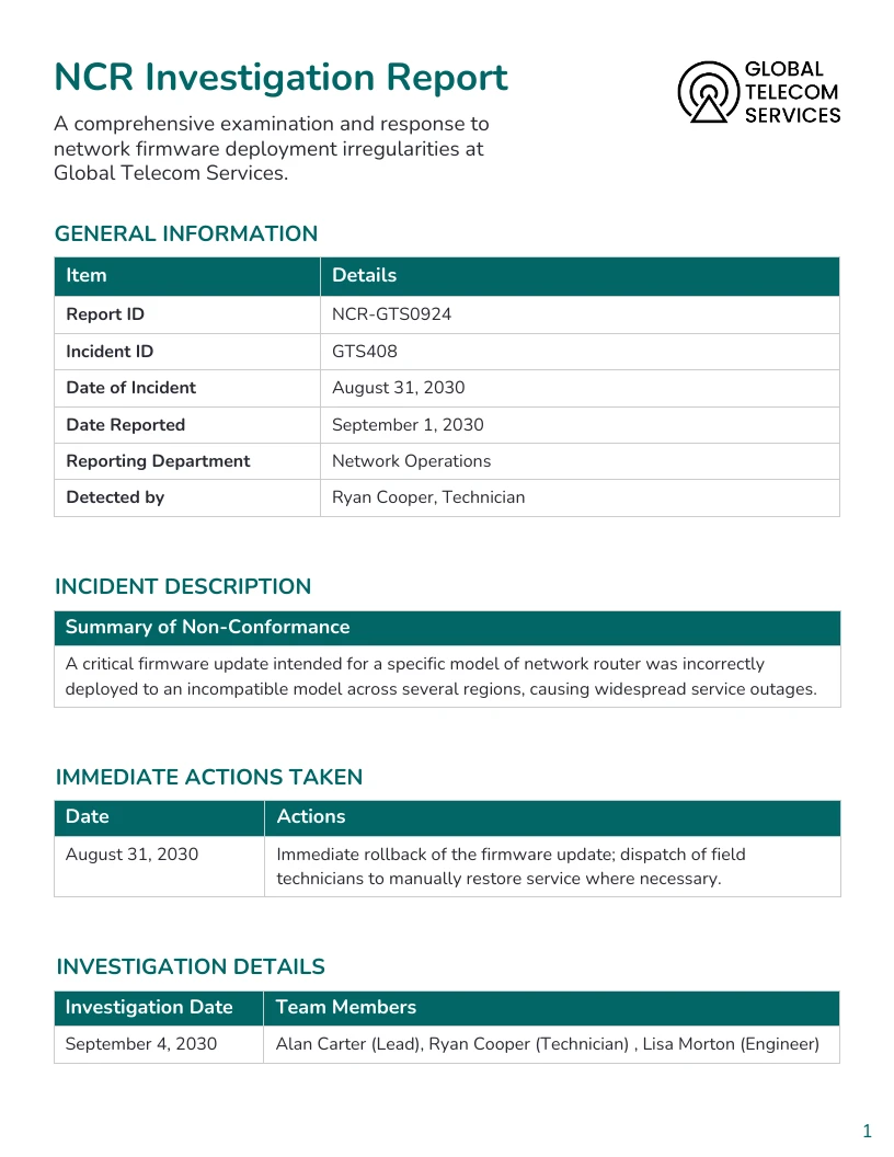 NCR Investigation Report Template - Venngage