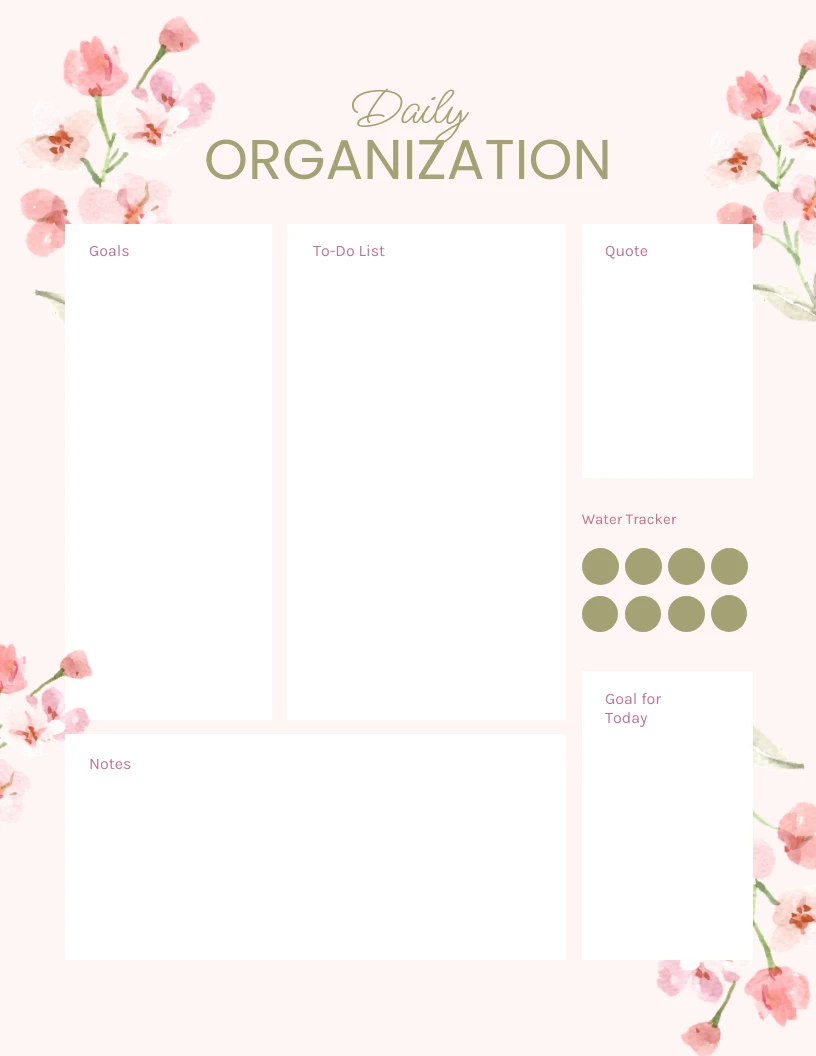 Floral Aesthetic Daily Organization Planner Template - Venngage