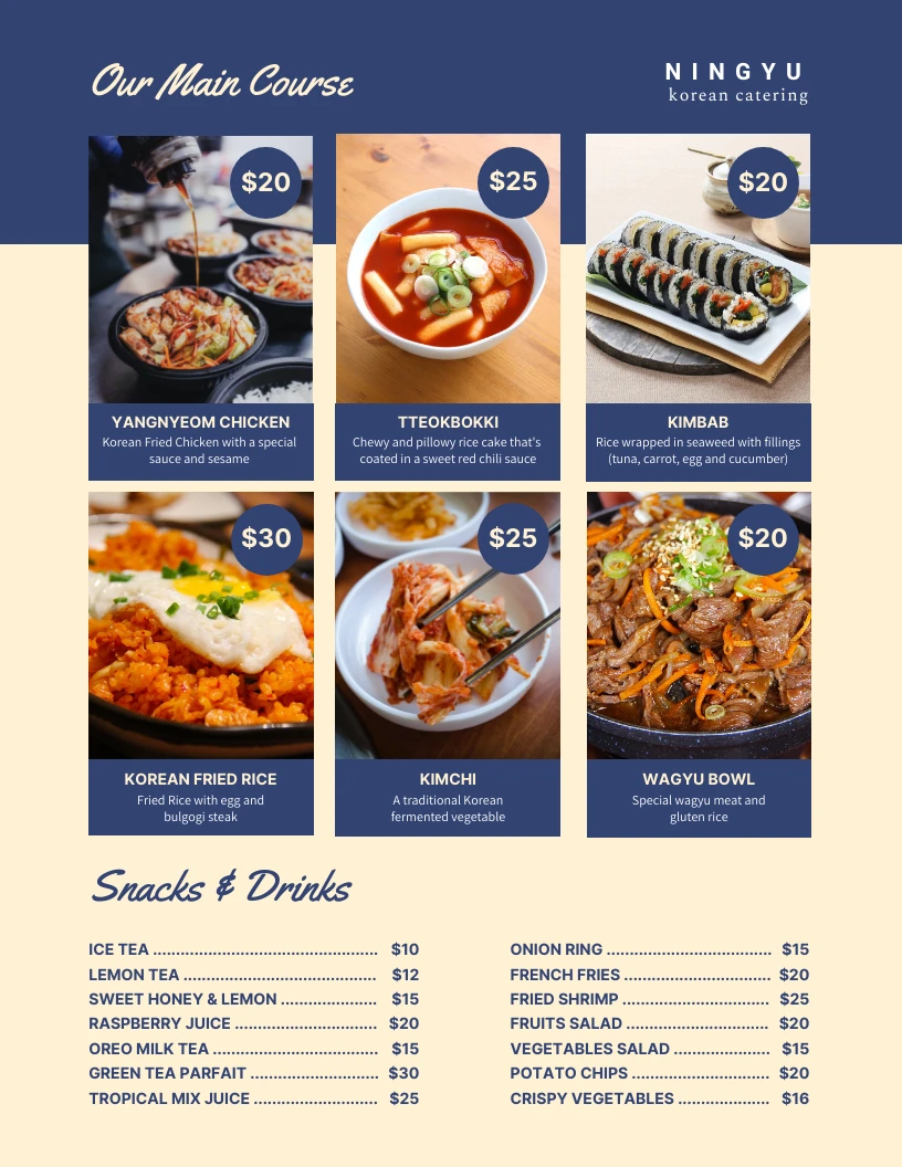 Menú De Catering Moderno Azul Marino Y Amarillo Claro - Venngage