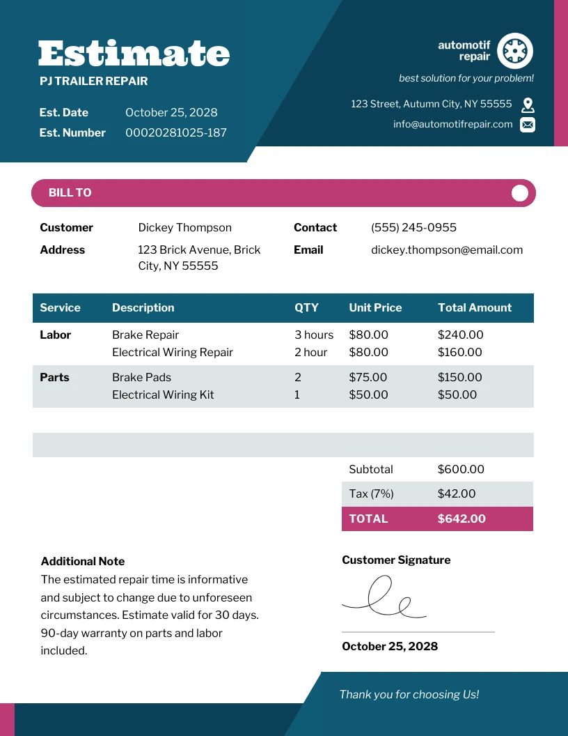 PJ Trailer Repair Estimate Template - Venngage