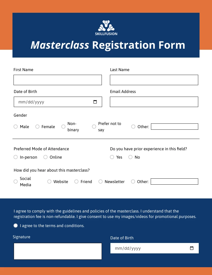 Formulaires d'inscription aux événements simples orange et bleu - Venngage