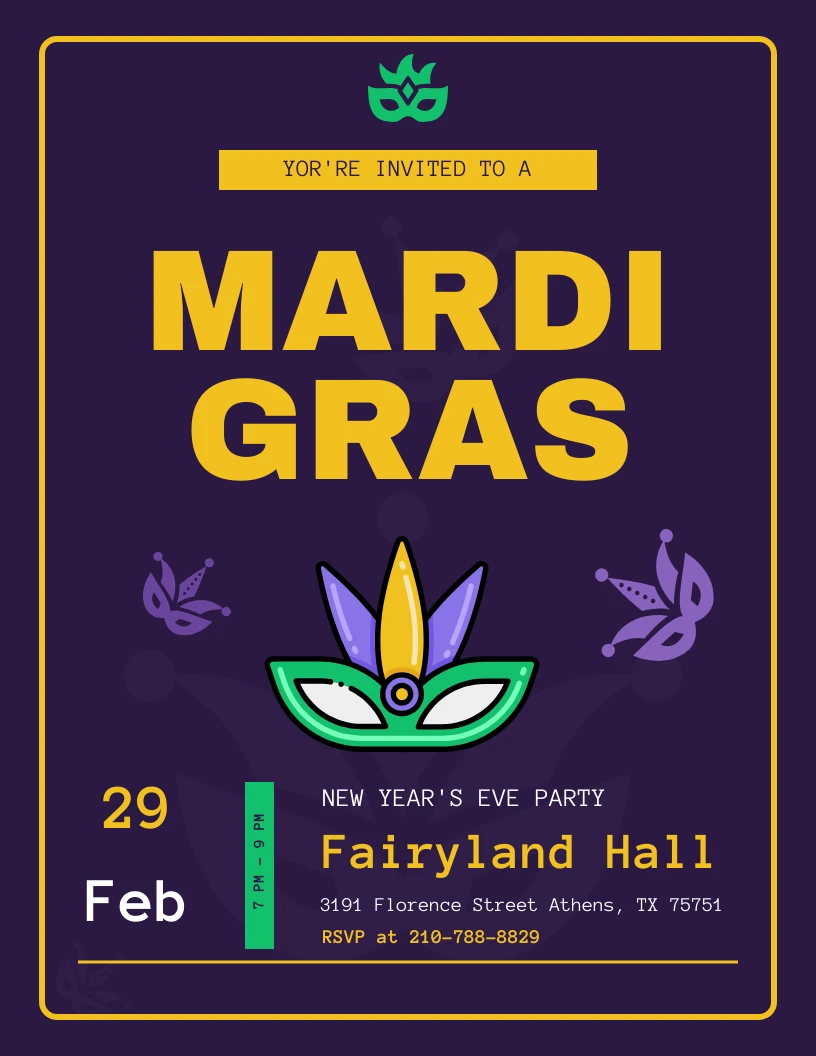 Yellow And Purple Minimalist Mardi Gras Invitation - Venngage