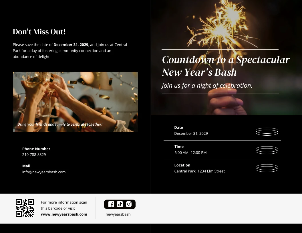 Themed New Year's Bash Half-Fold Brochure Template - Venngage