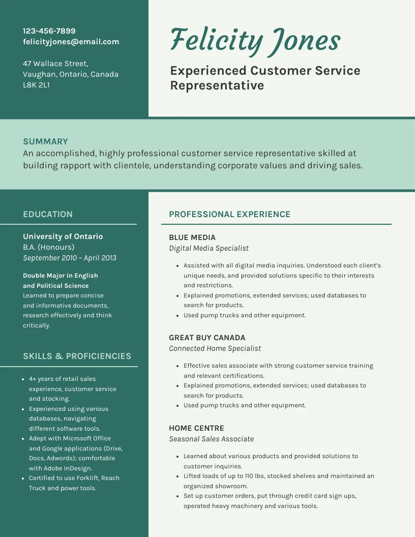 Basic Green Customer Service Resume Format Template - Venngage