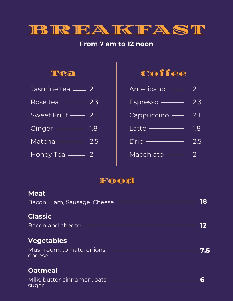 Dark Purple And Orange Modern Breakfast Menu - Venngage