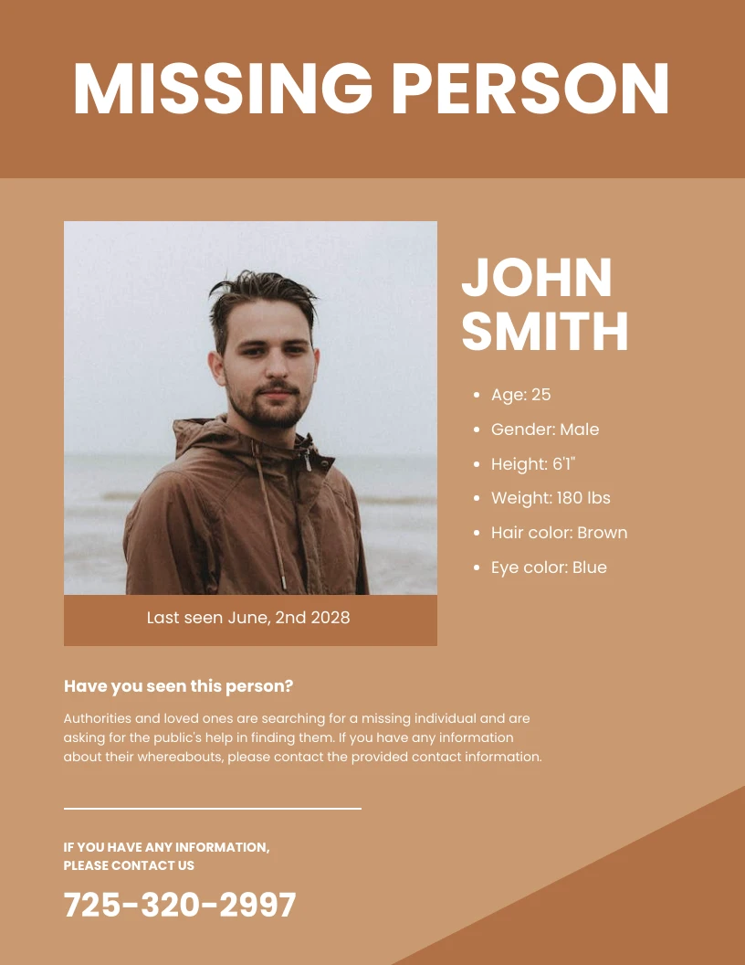 Brown Missing Person Poster - Venngage