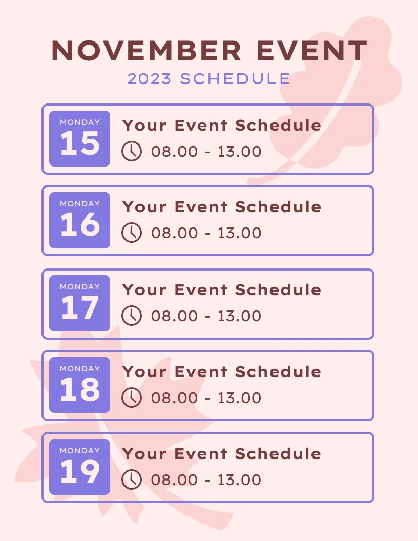 Baby Pink Modern November Event 2023 Schedule Template - Venngage
