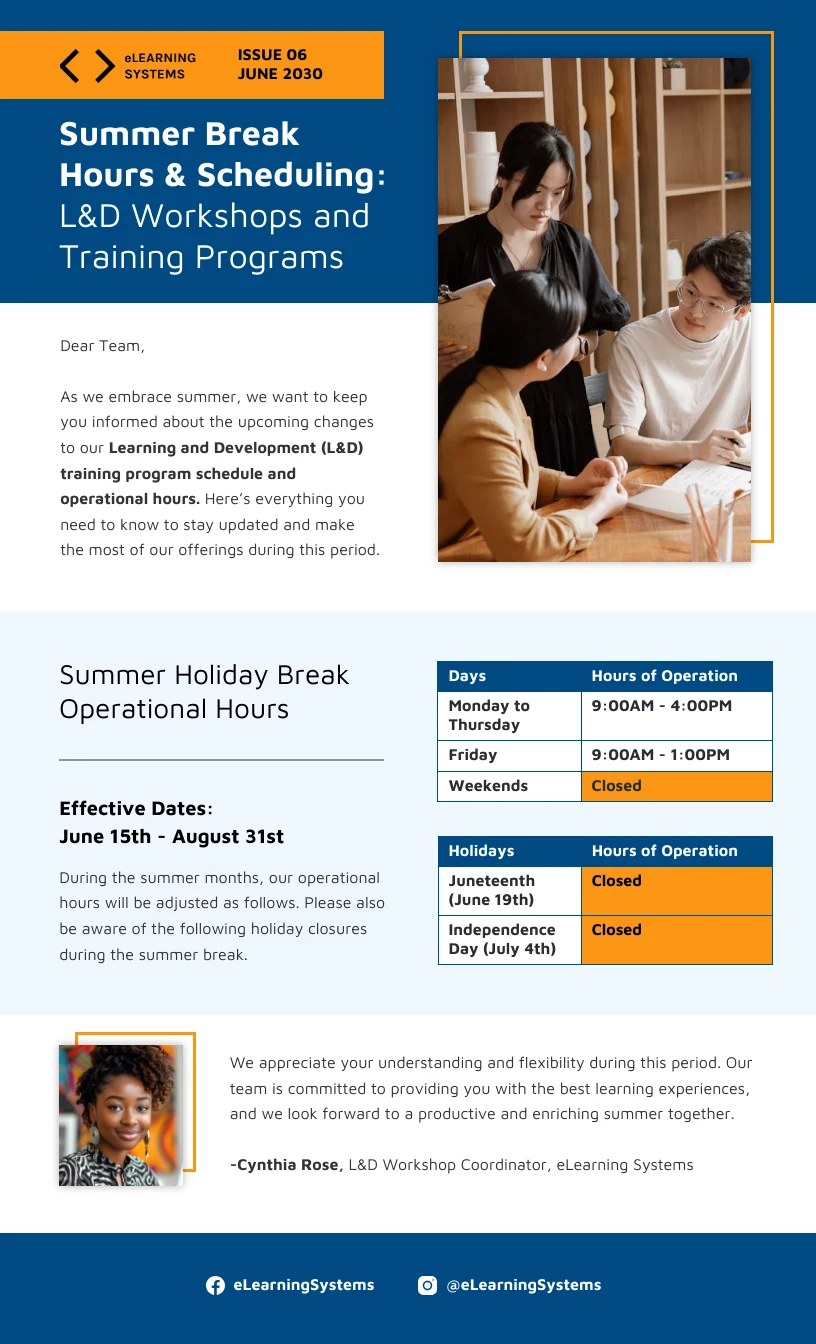 Summer Break Operating Hours Email Newsletter Template - Venngage
