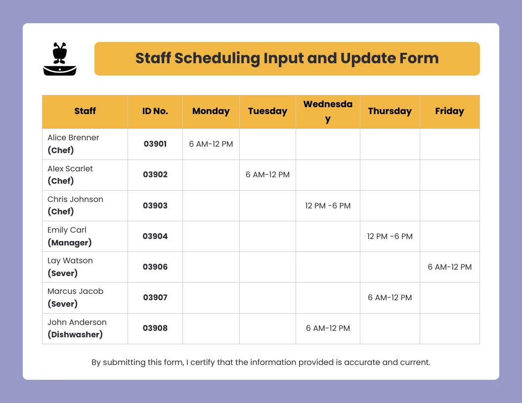 Yellow and Purple Employe Schedule Form - Venngage