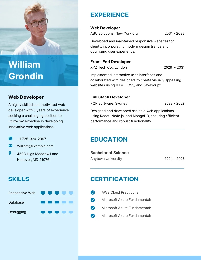Blue Clean Web Developer Resume Template - Venngage