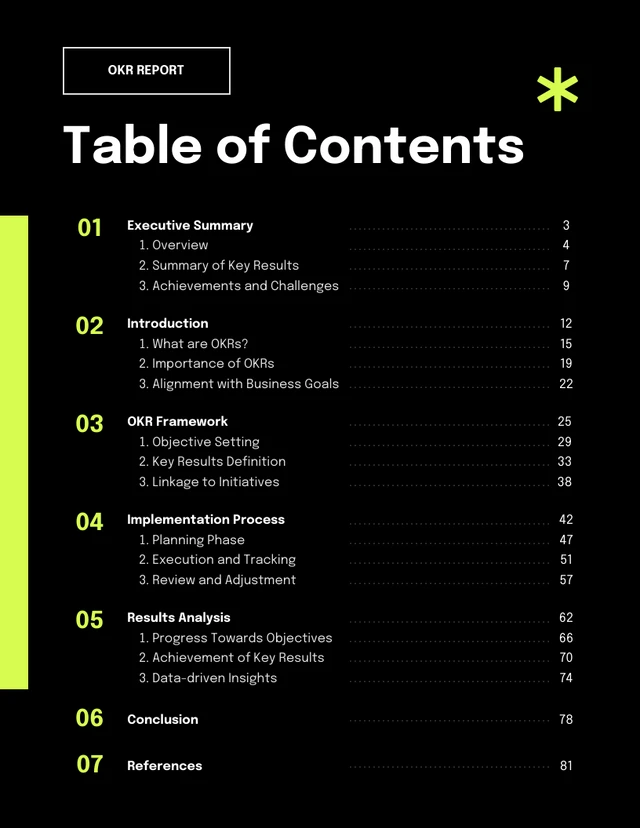Neon Green Black OKR Report Table Of Contents Template Venngage