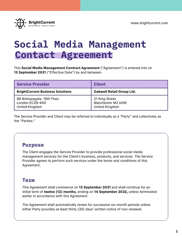 Social Media Management Contract Template - Venngage